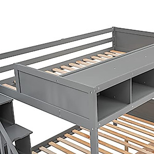 BIADNBZ Stairway Twin Over Full Bunk Bed with Stairs Storage, 2 Drawers and Shelf, Wooden Bunkbed for Kids Teens Adults Bedroom, Gray