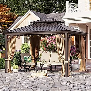 PHI VILLA 10' X 12' Outdoor Hardtop Gazebo on Clearance, Double Roof Gazebo with Curtains and Netting, Permanent Pavilion Gazebo with Aluminum Frame for Patios, Gardens, Lawns(Brown)