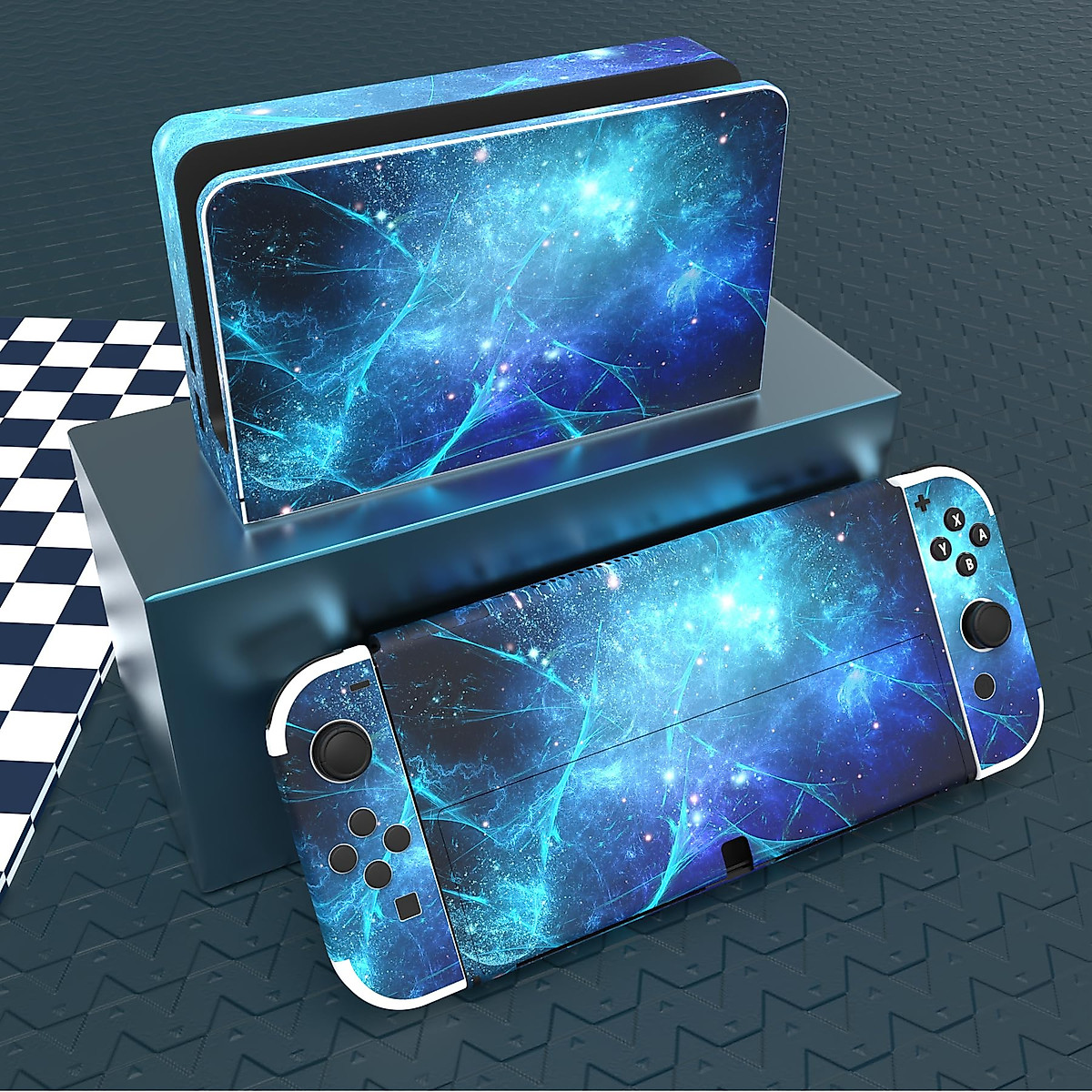 PlayVital Full Set Protective Stickers for Nintendo Switch OLED Model, Customized Vinyl Decal Skins for Switch OLED Console & Joycon & Dock & Grip - Blue Nebula