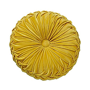 Round Throw Pillow Round Velvet Pillow Pleated Round Filled Pillow Home Decorative Throw Pillow Cushion for Couch Chair Bed Car Floor (35cm / 13.77inch, Yellow)
