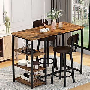 LTTROMAT Kitchen Dining Table Set for 2, Bar Table and Chairs Set with 3 Storage Shelves, Tall Dining Table with 2 PU Leather Backrest Stools for Small Space, Kitchen Island, Apartment, Brown