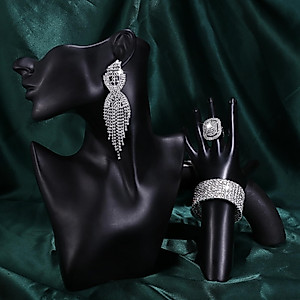 Sllaiss Rhinestone Bridal Jewelry Set for Women Sparkling Rhinestone Stretch Bracelet Ring Dangle Tassel Earrings Set Costume Jewelry (Set 01)