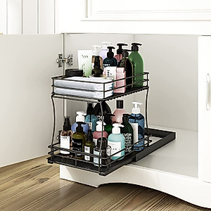 MUUBOOX Under Sink Cabinet Organizer Storage,Pull Out Cabinet Organizer with 2 Tier Pull Out Sliding Shelf with Protective Shelf Liners for Kitchen Bathroom Cabinet 11.6Wx15.8Dx13.3H-Inch (Black)