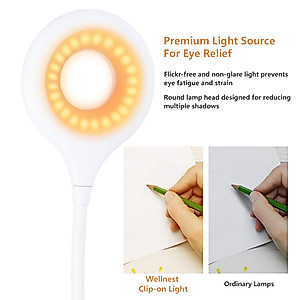Clip-on Reading Light for Bed - Amber Book Read Light Rechargeable 5 Brightness Desk Light Clamp Lamp, Touch Control Dimmable Lamp with Flexible Neck, Gentle Night Light(White)
