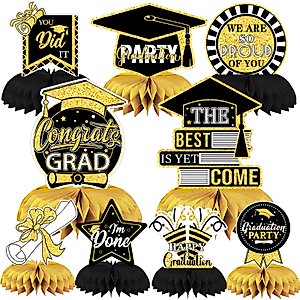 Vellibring 9PCS Graduation Table Decorations Black Gold Class of 2024 Honeycomb Centerpieces Toppers for Congrats Grad Party Favor Supplies