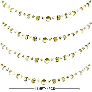 Gold Star Moon Phase Banner Garland Hanging Crescent Twikle Little Star Bunting Streamer Moon Cycle Celestial Decorations for Kids Birthday Party Baby Shower Wall Home Happy Eid Mubarak Ramadan Decor