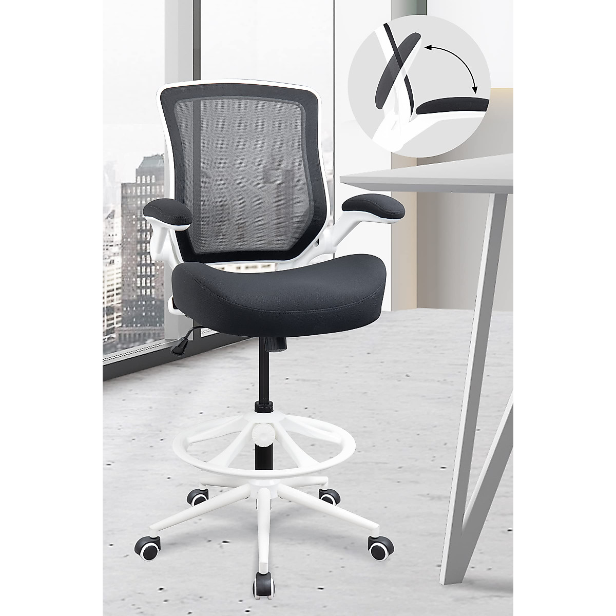 BOJUZIJA Ergonomic Drafting Chair,Standing Computer Desk Chair,Foot Ring,with Flip-Up Arms,Lumbar Support Swivel Computer Task Chair-Black