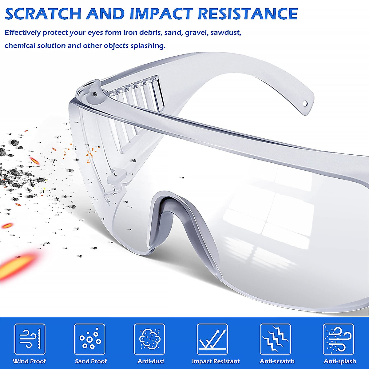 OXG 6 Pack Safety Glasses Over Eyeglasses Anti-Fog, ANSI Z87.1 Clear Safety Goggles Eye Protection Glasses for Men and Women Construction, Labs, Shooting