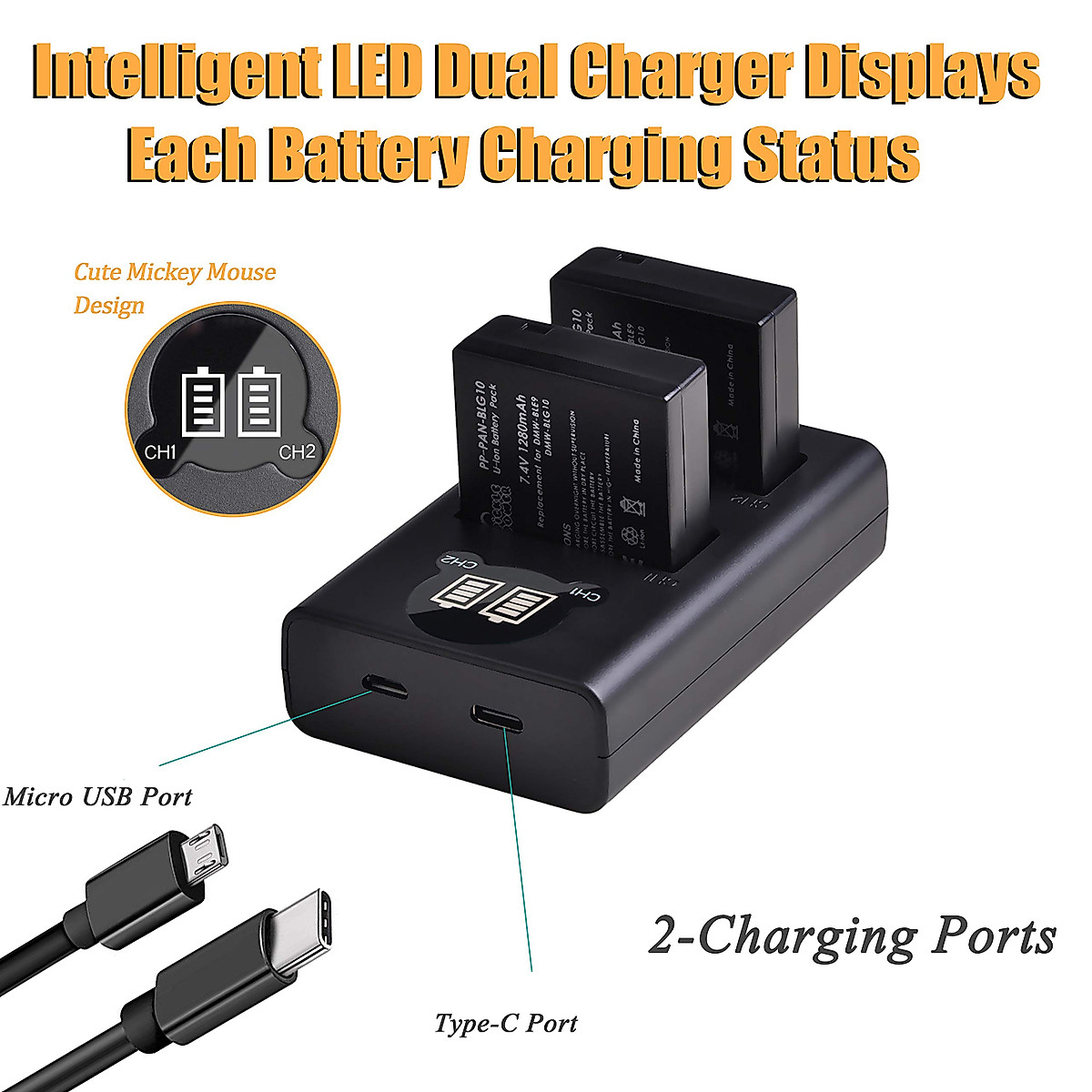 DMW-BLG10, Pickle Power 2 Pack 1280mAh Battery with LED Dual USB Charger for Panasonic Lumix DC-ZS80, DC-GX9, DC-LX100 II, DC-ZS200, DC-ZS70, DMC-GX80,GX85,DC-G100,DMC-ZS60 Cameras.