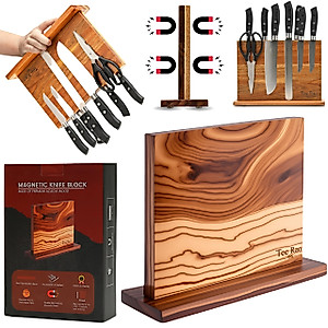 Premium Natural Acacia Wood Magnetic Knife Block Double Sided Magnetic Knife Holder Stand for Kitchen Counter Anti Slip Base Knife Block without Knives Knife Storage Universal Knife Block Knife Stand