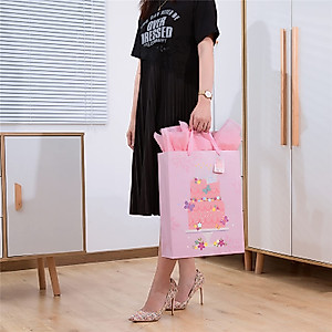 SUNCOLOR 16" Extra Large Gift Bag with Tissue Paper for Girls (Happy Birthday Cake)