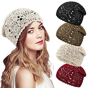 JenPen 4 Pieces Crochet Slouchy Beanie Hat Fall Handmade Knit Floral Skull Cap Cotton Cutout Summer Hats for Women Lightweight One Size