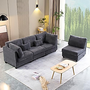 FANYE Free Combinable Reversible Cushions Convertible Modular Sectional Sofa Couch,Comfy Corduroy Upholstered Deep Seat Sleeper Sofa & Couch W/Solid Wood Legs for Home Apartment Office Living Room