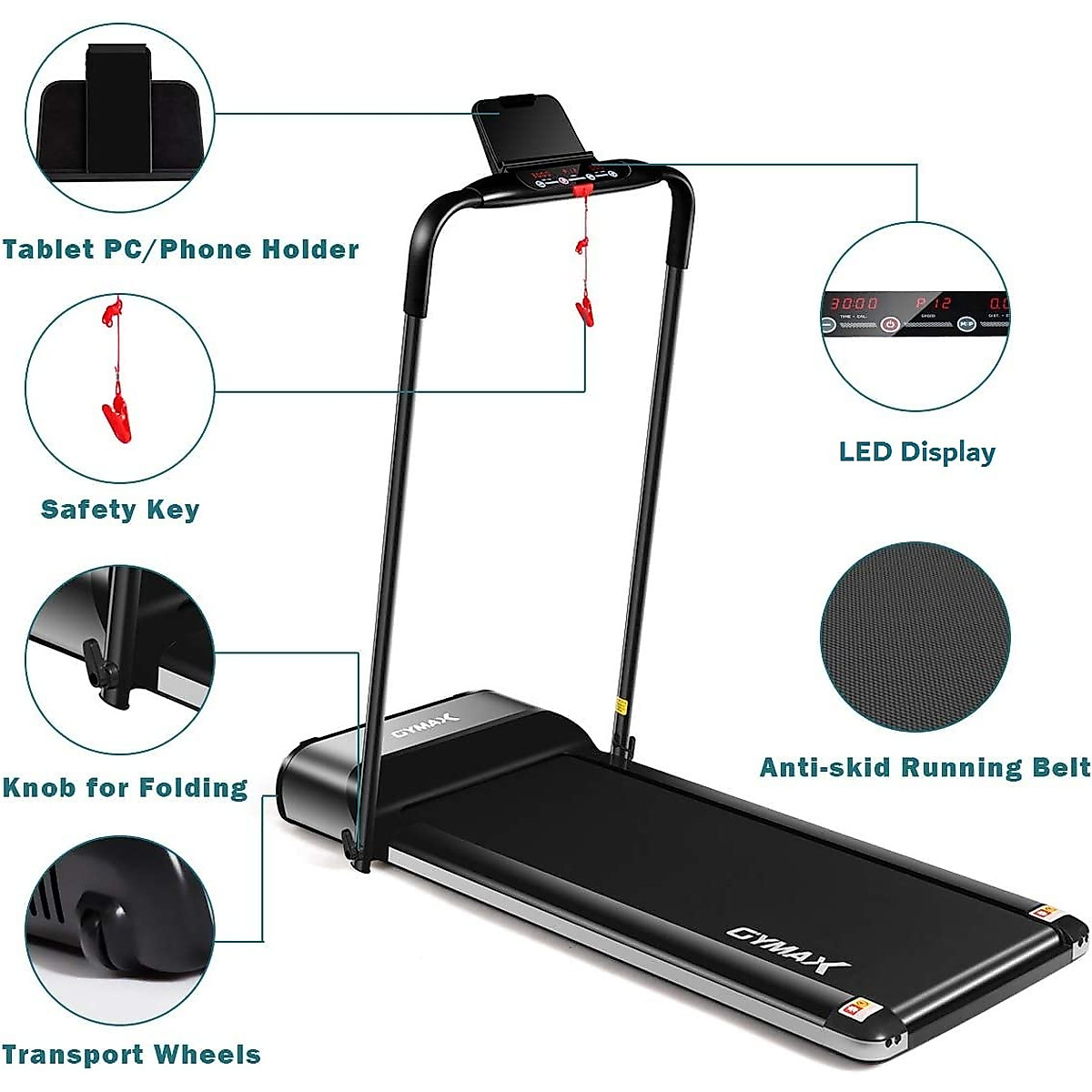 GYMAX Folding Treadmill, Slim Foldable Exercise Running Walking Machine with LED Monitor & Tablet/Phone Holder, Ultra-Thin Installation-Free Treadmill for Home/Gym Black