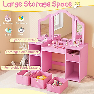 Costzon Kids Vanity, 2 in 1 Princess Makeup Desk & Chair Set with Tri-Folding Mirror, 4 Storage Bins, Wooden Toddler Vanity Dressing Table, Pretend Play Vanity Set for Little Girls (Pink)