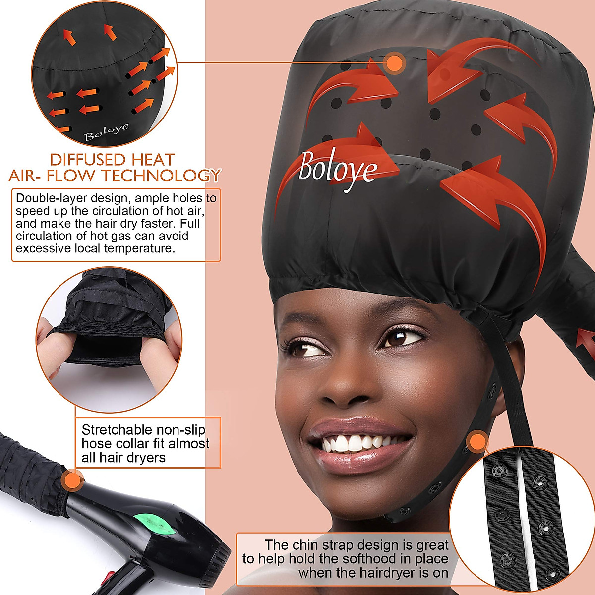 Hair Dryer Bonnet, Large Bonnet Hooded Hair Dryer Attachment for Speeds Up Drying Time & Deep Conditioning, Fits All Head Sizes & All Hair Styling, for Women Long Curly Braid Hair (Black, Universal)
