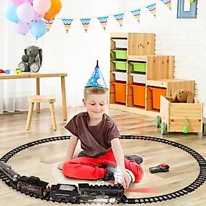 Hot Bee Train Set for Boys - Remote Control Train Toys w/Steam Locomotive, Cargo Cars & Tracks,Trains w/Realistic Smoke,Sounds & Lights,Christmas Train Toys for 3 4 5 6 7+ Years Old Kids