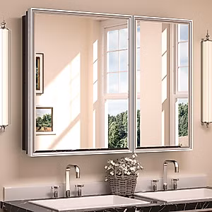 TETOTE 40x30 Inch Medicine Cabinet Silver Framed Bathroom with Mirror Aluminum Framed Surface or Recessed Wall-Mounted Medicine Cabinets Beveled Mirror with Storage 2 Door Modern Farmhouse