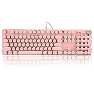 Pink Gaming Keyboard, Round Keycaps Mechanical Keyboard, Retro Punk Typewriter Keyboard, Pink and White Backlight, USB Wired, for Computer(Pink Punk)