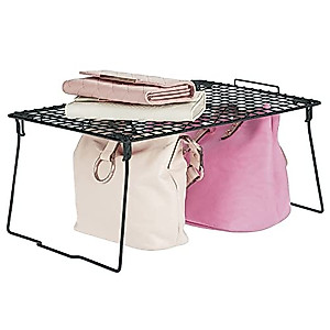 mDesign Metal Stackable Storage Shelf - Closet, Cabinet, Countertop 2-Tier Raised Organizer - for Bedrooms, Bathrooms, Entryways, Hallways - 17" x 12" x 8", 4 Pack - Black