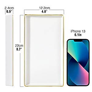 Luxspire Bathroom Vanity Tray, Ceramic Decorative Tray Jewelry Counter Storage Organizer, Gold Edged Dresser Kitchen Sink Tray for Perfume Candle Holder Bathroom Accessories -S- Matte White