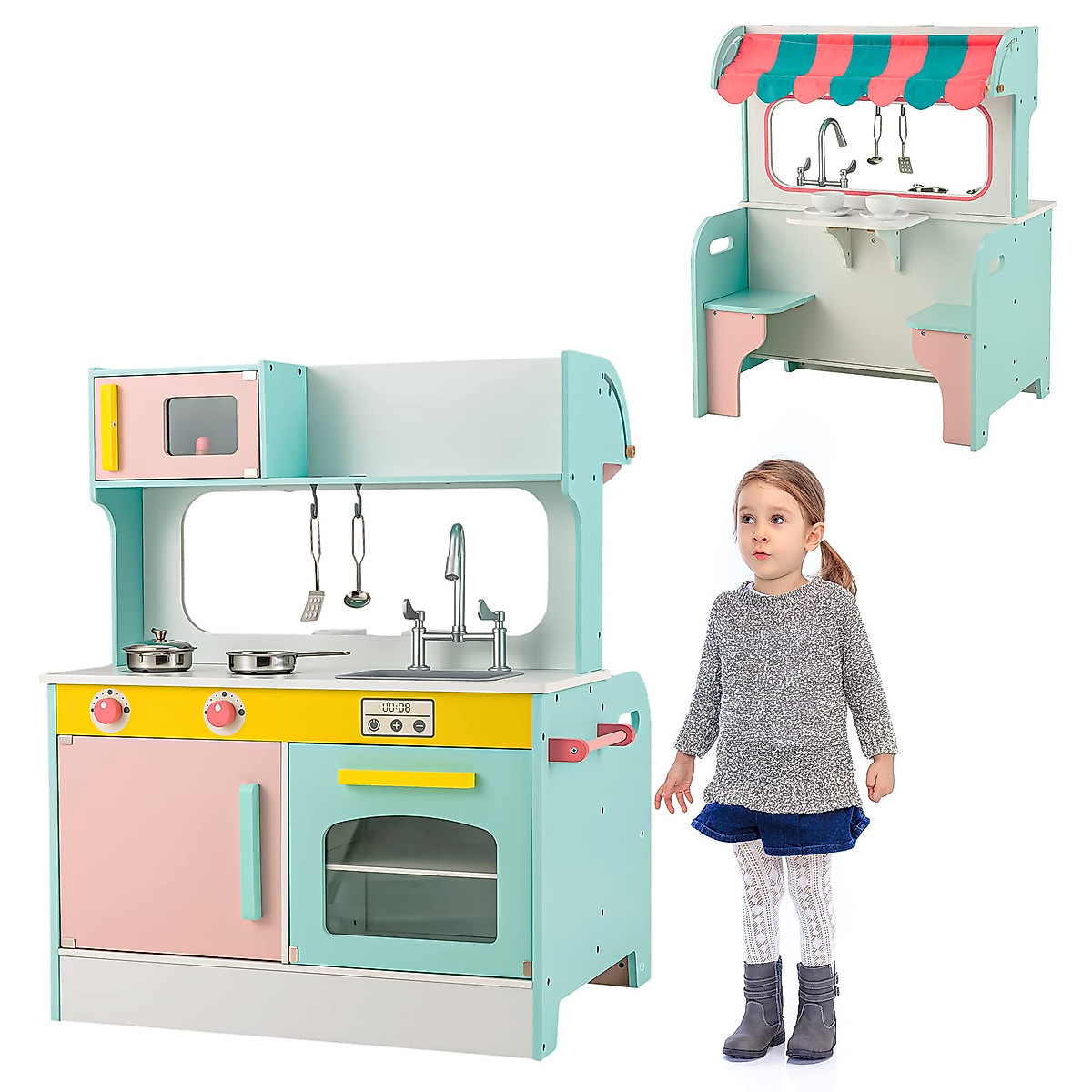 INFANS 2 in 1 Kids Play Kitchen and Restaurant, Double Sided Toddler Wooden Pretend Cooking Set with Stove Sink Microwave Storage Cabinet, Simulation Kitchen Toy Set for Boys Girls (Modern)