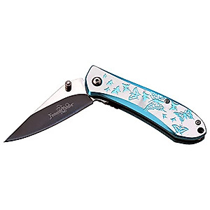 Femme Fatale – Spring Assisted Open Folding Pocket Knife – Black/Satin Finish Stainless Steel Blade, Blue/Silver Aluminum Handle w/ Butterflies, Pocket Clip, EDC, Self Defense – FF-A010LB