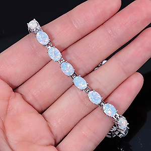 CiNily Oval Shape Tennis White Opal Bracelet for Women Ladies Adjustable Opal Jewelry Rhodium Plated Teen Girls Gemstone Bracelet 8.5"