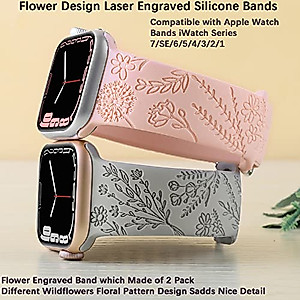 Flower Engraved Silicone Band Compatible with Apple Watch Bands 38mm 40mm 41mm, Cute Women Wildflowers Floral Design Soft Sport Strap Replacement Wristbands for iWatch Series 8 7/SE/6/5/4/3/2/1 (42/44/45mm, Grey Pink)