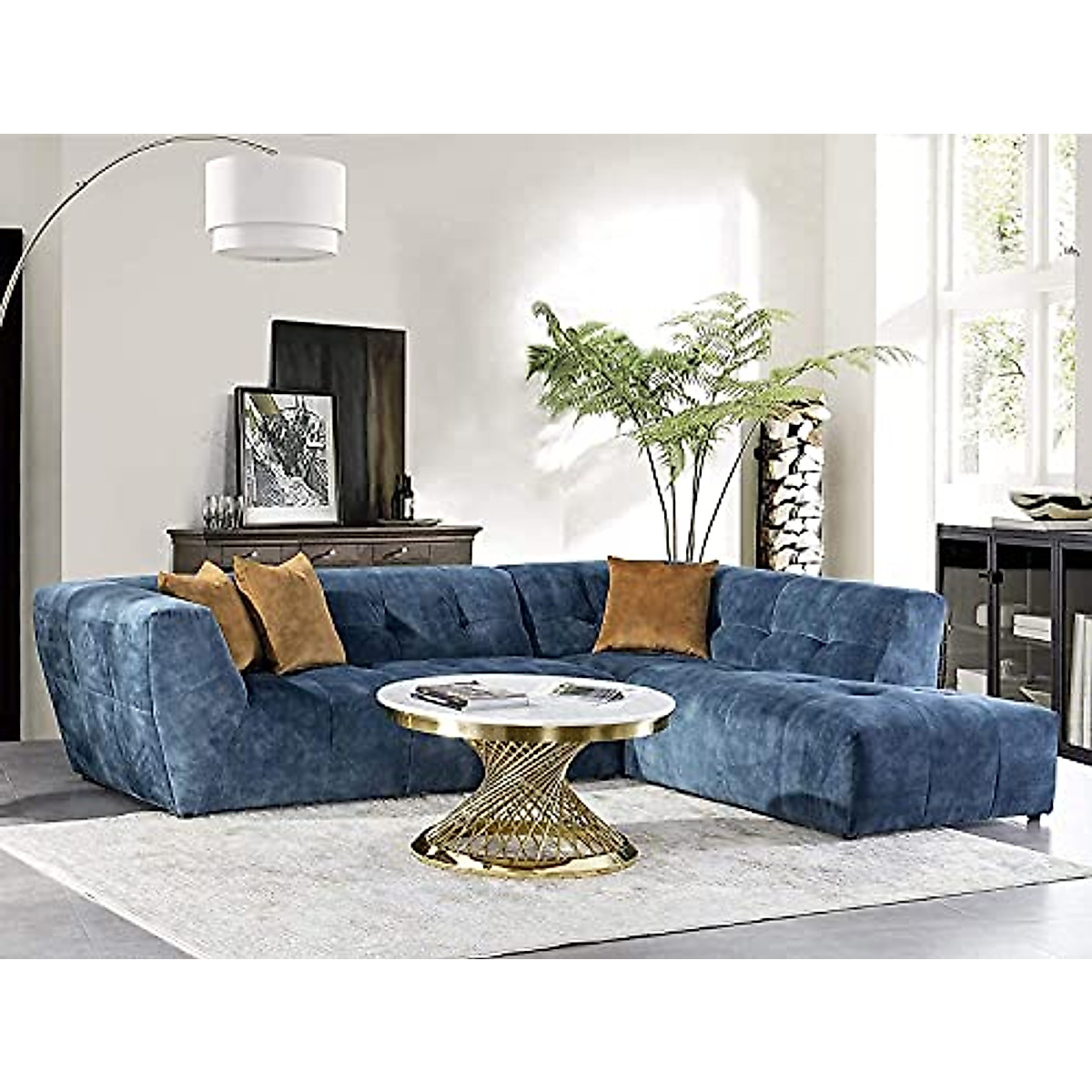 Acanva Mid-Century Velvet Sectional Sofa Couch for Living Room, L-Shape 2-Piece 113”W Right Hand Facing Chaise, Blue