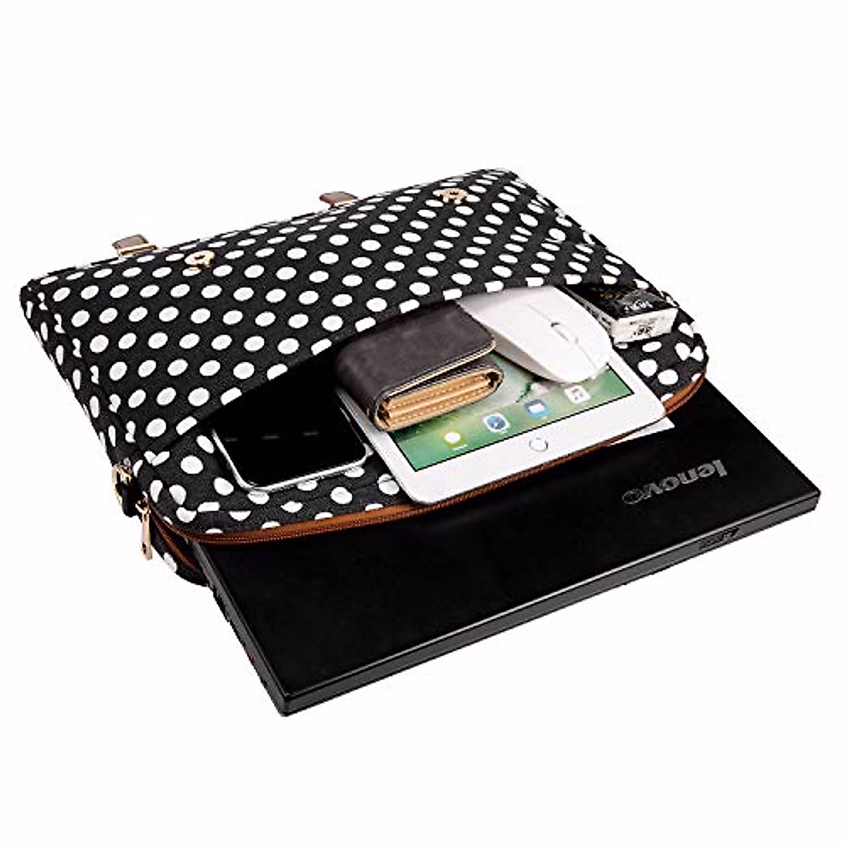 LOVEVOOK Computer Bag Laptop Bag for Women Cute Laptop Messenger Bag for Work College, Polka-Brown, 14-Inch