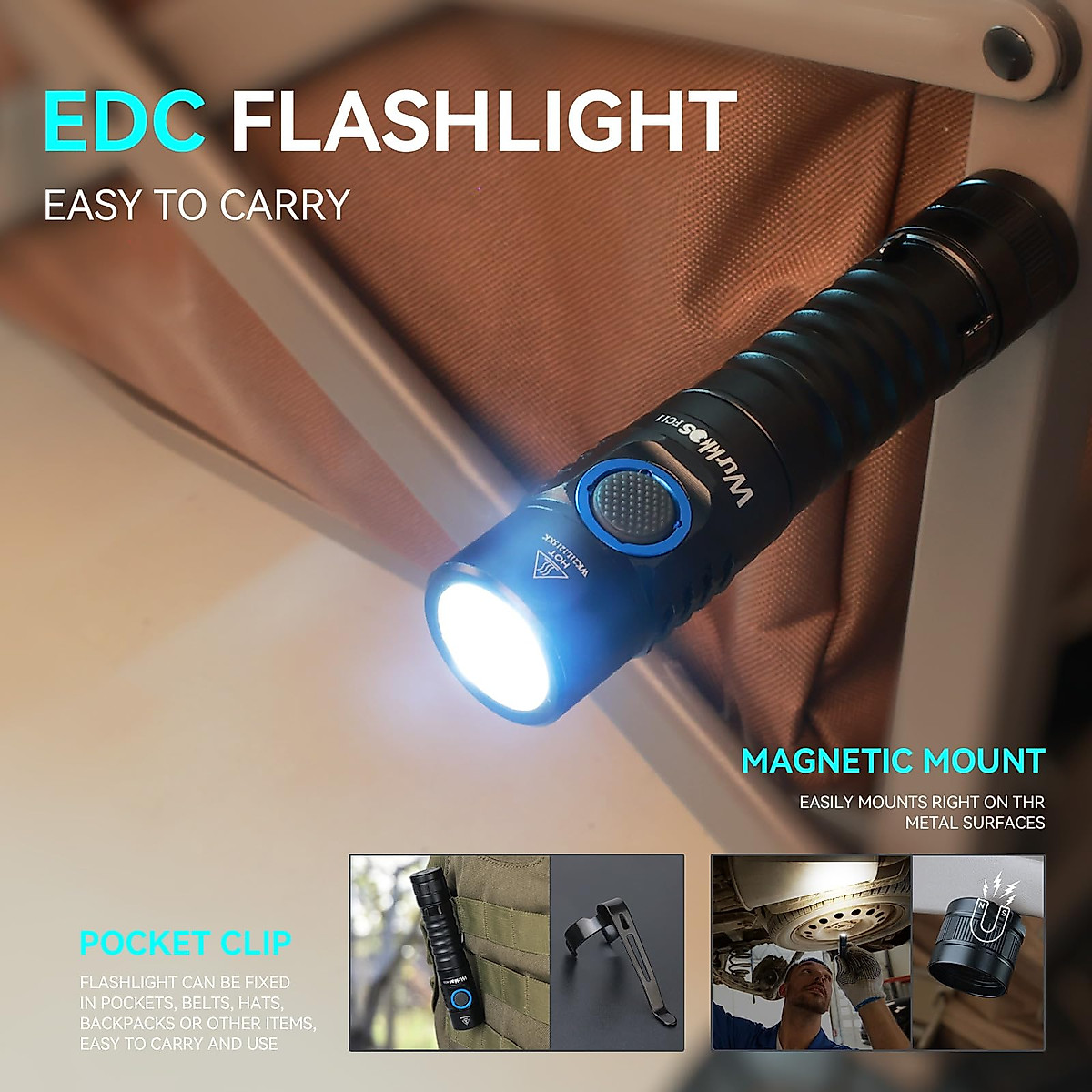 Wurkkos FC11 Rechargeable LED Flashlights Max 1300Lumen High 90CRI EDC Flash Light USB C Charge,IP67 Waterproof Torch, Magnetic Tailcap, Great for Dog Walking Home use Emergency(5000K)