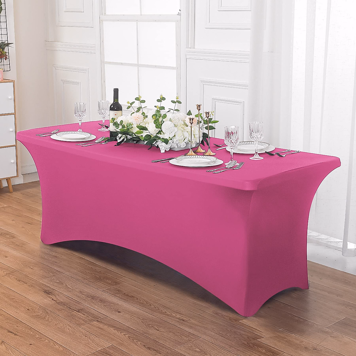 Indoor-Beauty Spandex Tablecloth 6FT Stretch Table Cover Fitted Rectangular Tables, Universal Stretch Patio Table Cloth for Wedding, Banquet, Party and Event（Fuchsia, 6FT