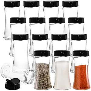Lyellfe 16 Pack Plastic Spice Jar with Shaker Lid, 12 Oz Empty Seasoning Shaker Bottle, Flap Cap with Pour and Sifter Spice Shaker, Durable Refillable for Spice Top Rack, Herbs, Powder, Glitter