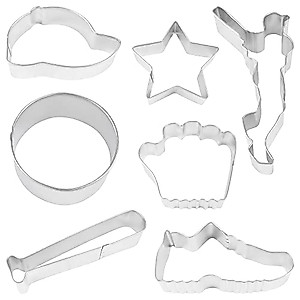 R&M International Baseball Cookie Cutters, Bat, Hat, Ball, Player, Glove, Star, Sneaker, 7-Piece Set,Silver