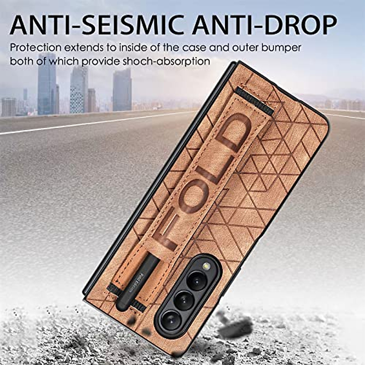 EAXER for Samsung Galaxy Z Fold 3 5G Case, Luxury Fashion Leather Case Cover with Wristband Strap & S Pen Holder Folding PU Leather Phone Case (Brown)