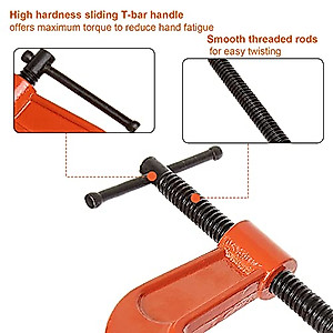 CYEAH 5 Inch C Clamps Heavy Duty 4 Pcs Malleable Iron C-Clamp G Clamp, Up To 5 Inch Jaw Opening, 3 Inch Throat Depth with T-Bar Handle for Woodworking, Welding, Building (Orange)