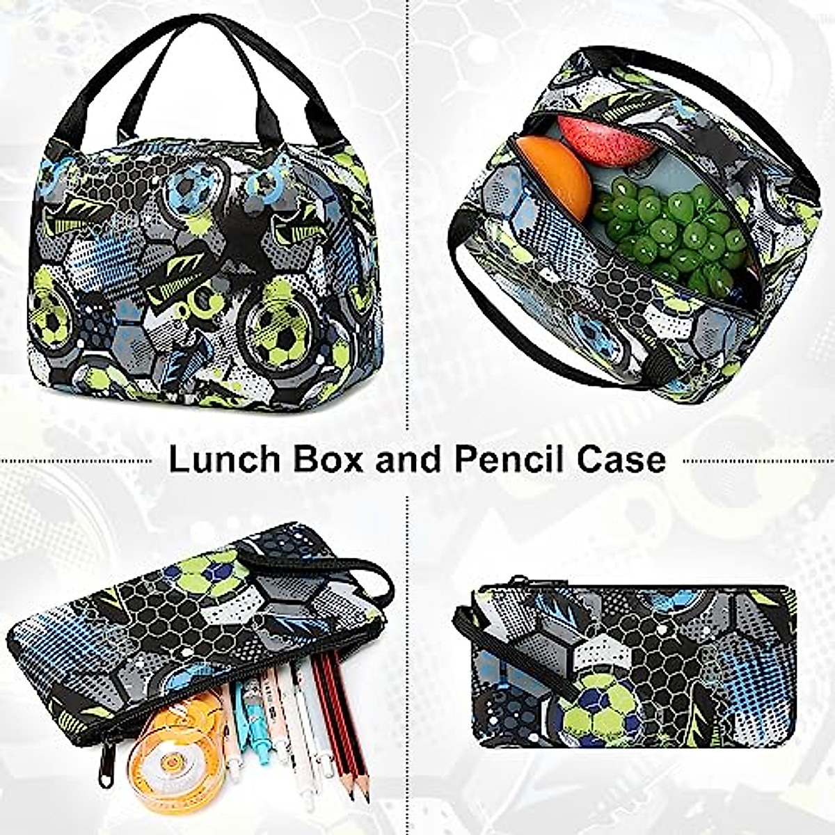 CAMTOP School Backpack Kids Boys Soccer Bookbag Set Student Backpack with Lunch Box and Pencil Case (Football,Graffiti Print)
