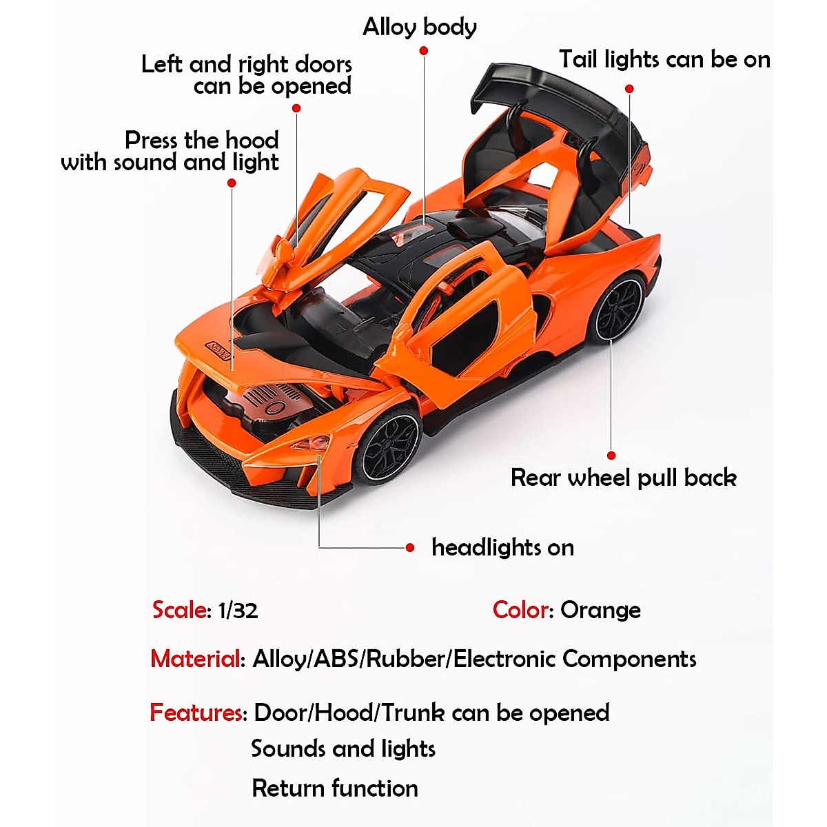 Alloy Collectible Orange McLaren Senna Toy Car Model Pull Back Vehicle DieCast with Lights and Sound