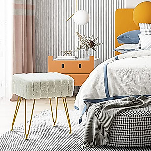 Modern Mink Square Footstool Ottoman Bench, White Faux Fur Vanity Stool with Gold Legs, Comfy Vanity Chair Entryway Bench, Makeup Stools for Vanity, Plush Fluffy Footrest for Bedroom, Living Room