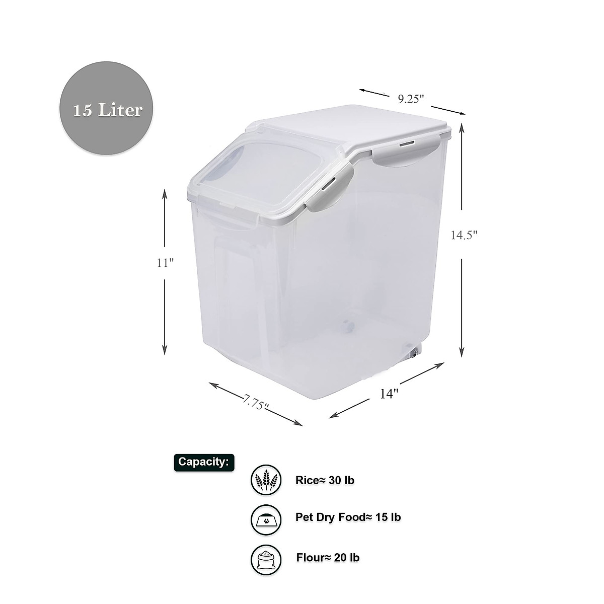 HANAMYA 15 Liter / 30 lbs Rice Storage Container with Measuring Cup, BPA free, For Rice | Grain | Pet Food | Flour, 2 counts, Clear