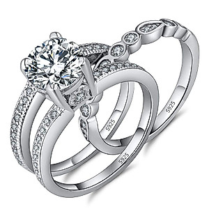 MABELLA 2.7 Carats Round Cut White Cubic Zirconia 925 Sterling Silver Alternative Engagement Wedding Ring Set Size 10