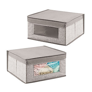 mDesign Medium Fabric Stackable Closet Storage Organizer Box with Front Window/Lid for Bedroom, Office, Mudroom Organization, Hold Clothes, Blankets, Linens, Lido Collection, 2 Pack, Linen/Tan