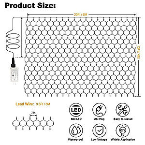 20ft x 13ft Christmas Net Lights Outdoor Mesh Lights - 660 LED Waterproof 8 Modes Remote Timer Dimmable Ceiling Fairy Blanket Lights Plug In for Canopy Roof Wall Bush Lawn Yard Garden (Warm White)
