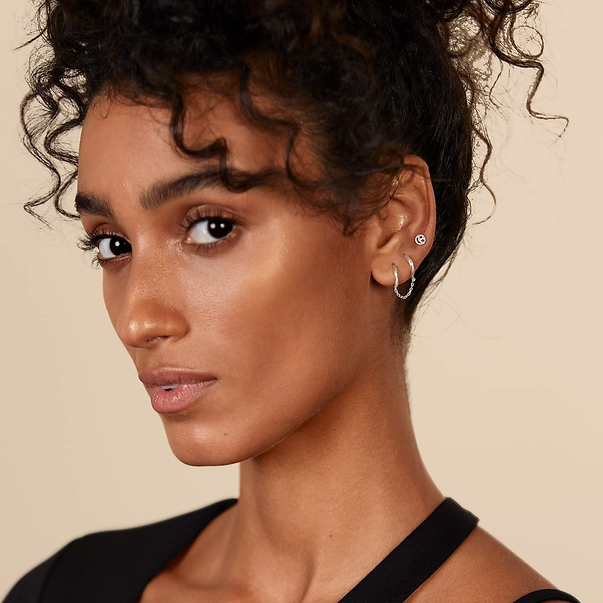 PAVOI Rhodium Plated Chain Earrings for Women | Double Piercing Dangle Chain Huggie Hoop Earrings | Cubic Zirconia Pearl Stud Earrings for Women (Double Huggie)