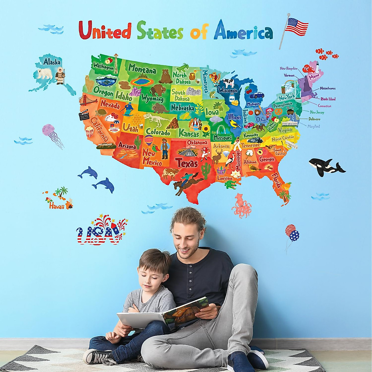DECOWALL SG2-2307 Colourful USA Wall Stickers Decals Peel and Stick Removable for Kids Nursery Bedroom Living Room décor Wallpaper United States US