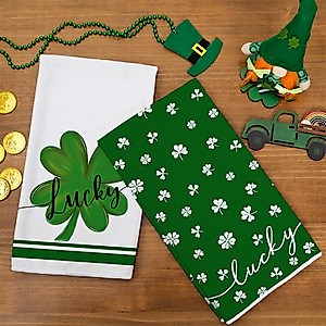 ARKENY St Patricks Day White Shamrock Kitchen Towels Dish Towels St. Patrick's Day Decorations for Home Drying Cloth Lucky Sign 18x26 Inch Stripe Hand Towel for Cooking Set of 2