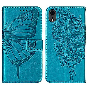 Phone Case for iPhone XR Wallet,Card Holder [Kickstand][Wrist Strap] Butterfly Floral Embossed for Women PU Leather Flip Protective Cover for iPhone XR Cases 2021 (Blue)