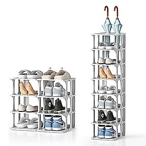 White Shoe Rack Organizer 8 Tier Narrow Shoe Rack for Closet, Durable Modern Shoe Stand Stacker, Free Standing Shoe Racks Vertical Small Entryway Hallway Shelf, Easy Assembly Shoe Tower Rack