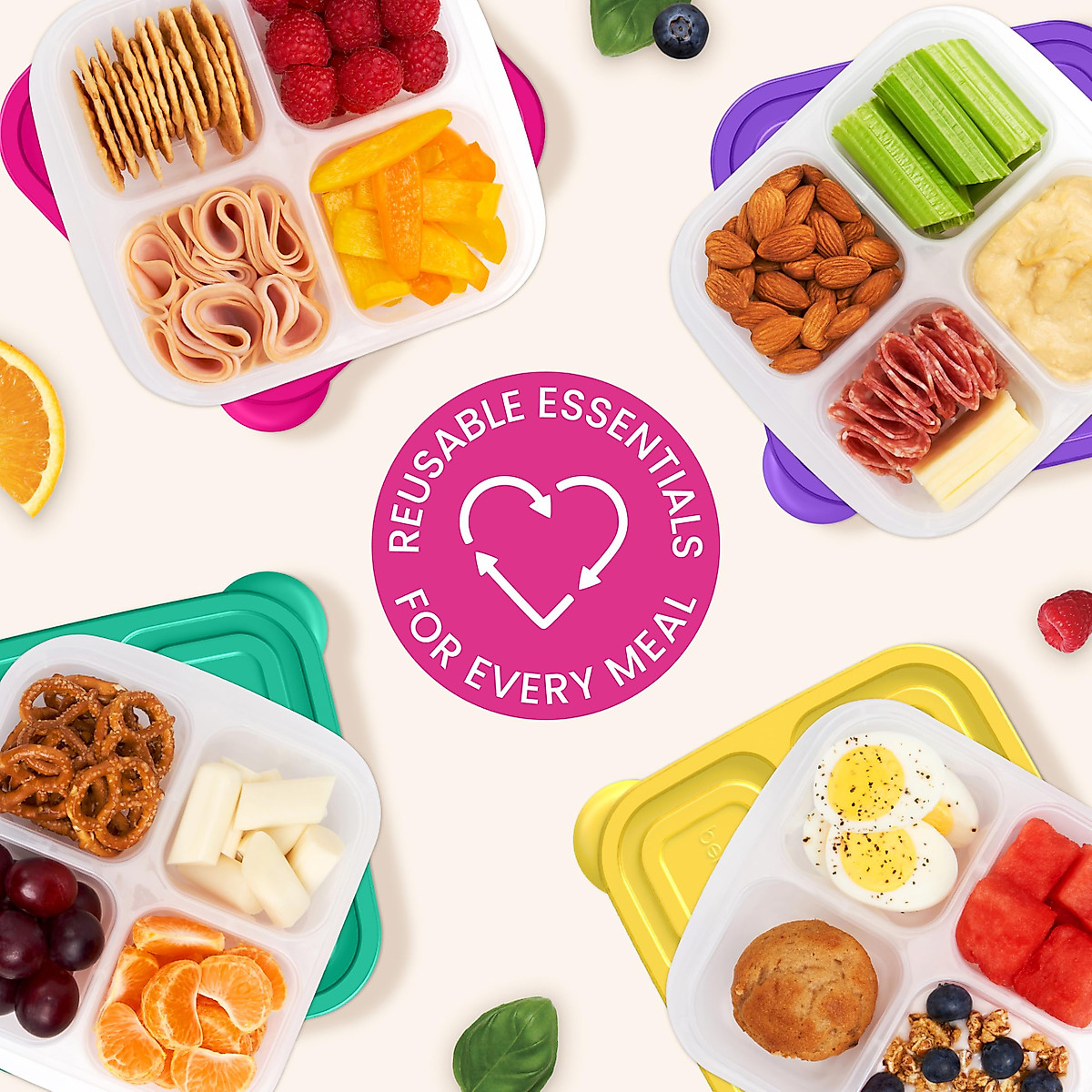 EasyLunchboxes® - Bento Snack Boxes - Reusable 4-Compartment Food Containers for School, Work and Travel, Set of 4, Brights